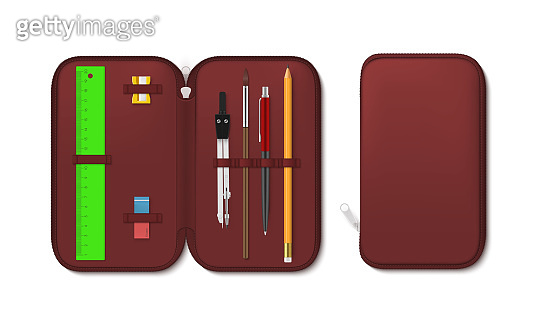 Top view of realistic opened and closed pencil case vector illustration ...