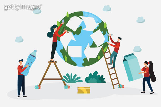 Flat illustration, people helping to clean the world by recycling and ...