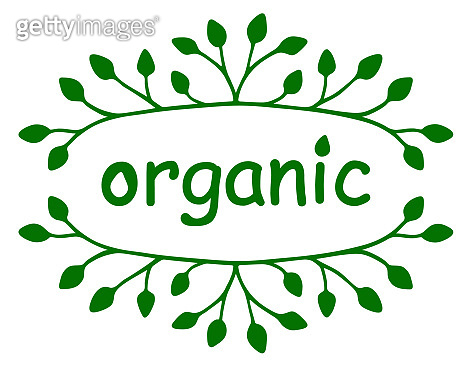 Stylized abstract logo "organic". Frame of twigs with leaves. A hand ...