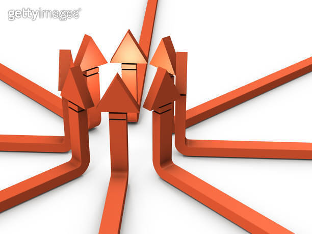 Multiple arrows that gather from eight directions and rise sharply in ...