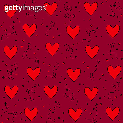 Hand drawn seamless pattern with red hearts and arrows on a dark red ...