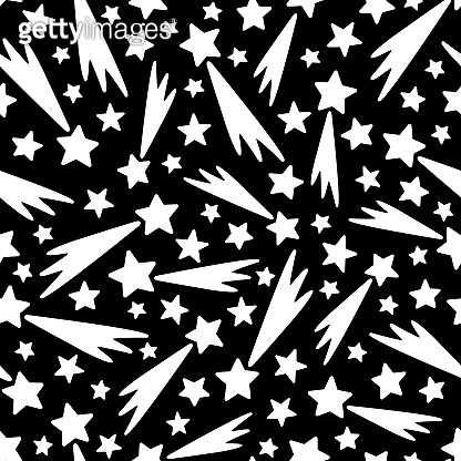 Hand Drawn endless magic print with falling stars. Doodle starry night sky vector seamless ...