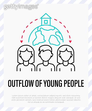 Outflow of population of young people. Workforce migration. Thin line ...
