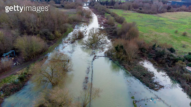 Drone photo of the River Gipping after heavy rainfall in Suffolk, UK ...
