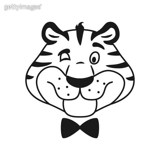 Black and white outline winking tiger face coloring page. Cartoon comic ...