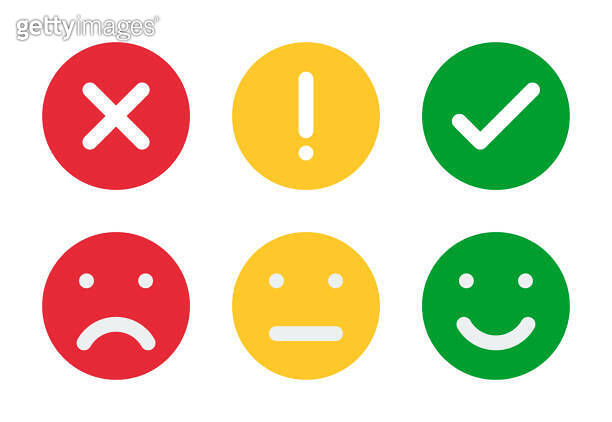 different moods smiles and check mark sign, vector icons set 이미지 ...