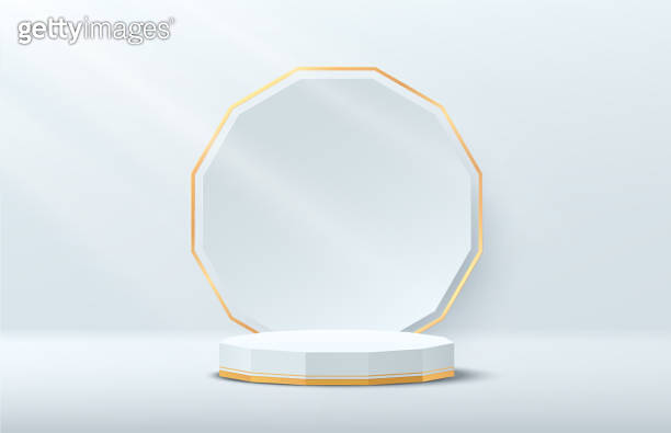 Modern white octagon pedestal podium. Silver color minimal wall scene ...