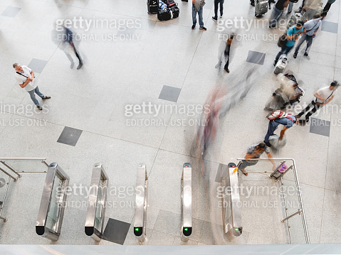 Top view on moving people on first floor at Domodedovo airport hall ...