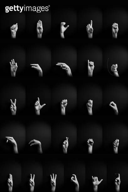 B&W image of hands demonstrating ASL sign language letters A-Z with ...
