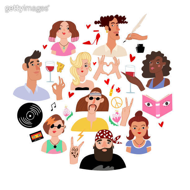 Circle set of female and male avatars with faces and hands and elements ...