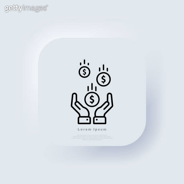 Coin in hands icon. Money. Finance. Banking. Neumorphic UI UX white ...
