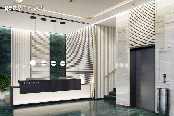 Modern Offices lobby interior area with elevators and stairs and with ...