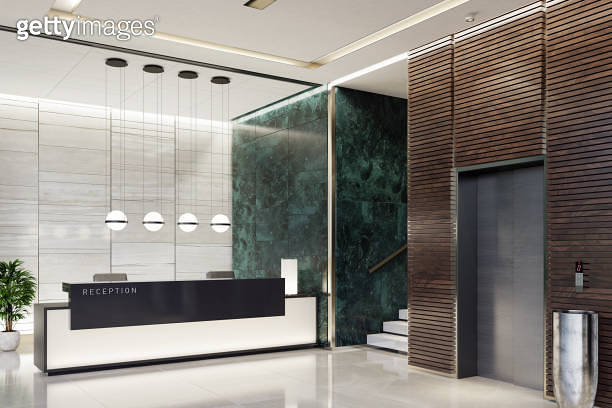 Modern Offices lobby interior area with elevators and stairs and with ...