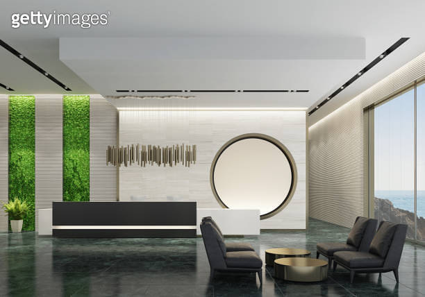 Modern Offices lobby interior area with with long reception desk 이미지 ...