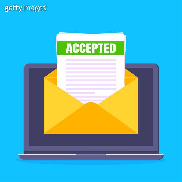 College or university acceptance letter with laptop screen, open ...
