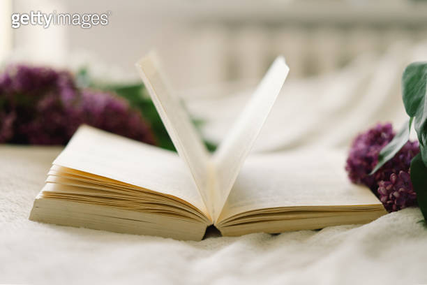 Lilac and open book. Read and Rest. Still life details in home interior ...