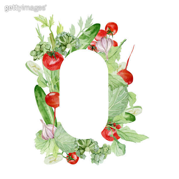 Watercolor vegetables frame border with cucumber, tomato, onion ...