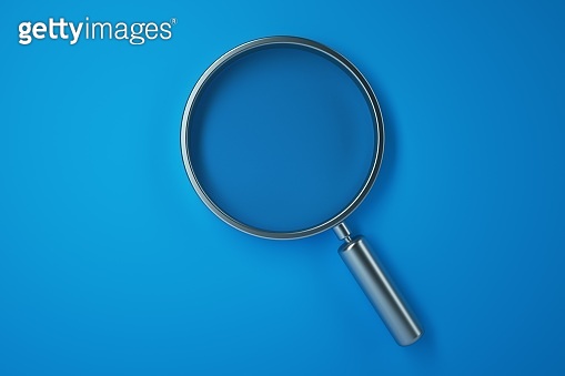 Close up realistic Magnifying glass on blue color background. 이미지 ...