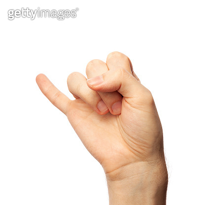 Man showing letter J isolated on white background, closeup. Finger ...