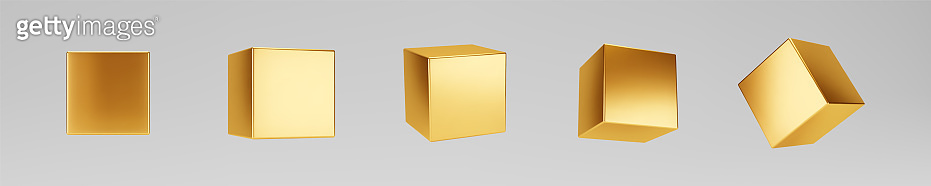 3d gold metallic cubes set isolated on grey background. Render a ...
