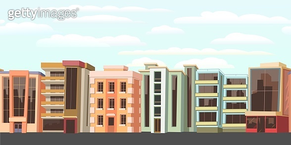 Town street. Residential area. Townhouses along the line of road. Cozy ...