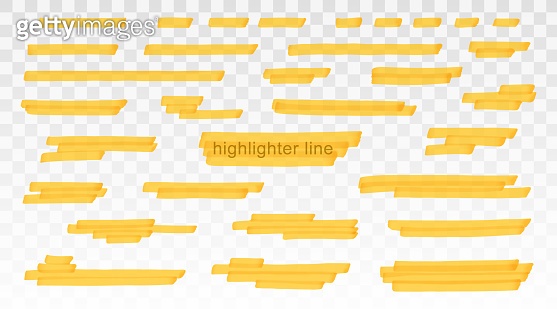 Yellow highlighter lines set isolated on transparent background. Marker ...