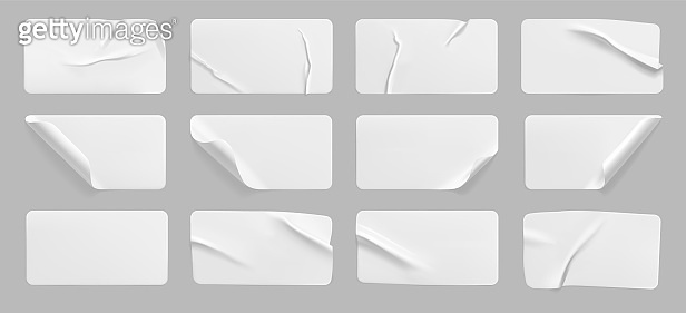Crumpled white rectangle sticker label set isolated. Blank glued ...