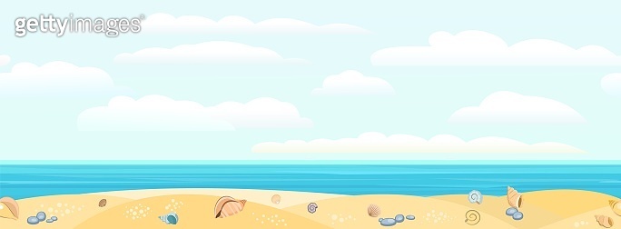 Frontal view of the seashore. Yellow sandy beach. Soft sky with light ...