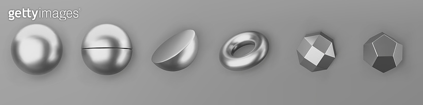 3d render silver geometric shapes objects set isolated on grey ...