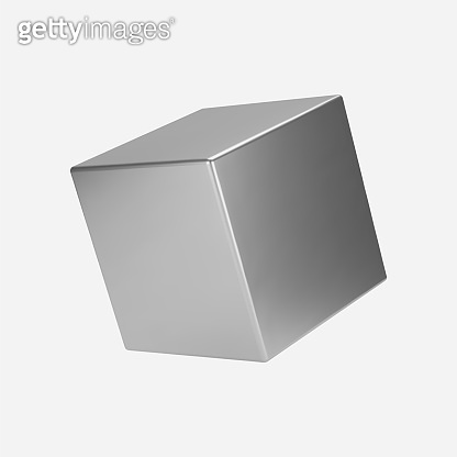 3d silver metal cube isolated on light background. Render a rotating ...