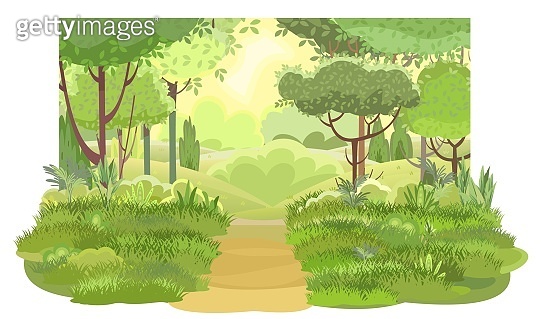 Road. Amusing beautiful forest landscape. Cartoon style. Bushes. The ...