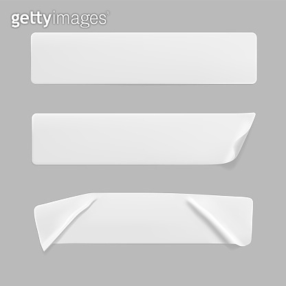 Crumpled white rectangle sticker label set isolated. Blank glued ...