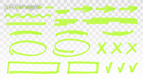Green highlighter set - lines, arrows, crosses, check, oval, rectangle ...