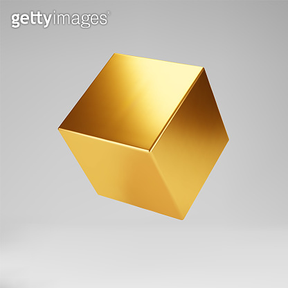 3d gold metallic cube isolated on grey background. Render a rotating ...