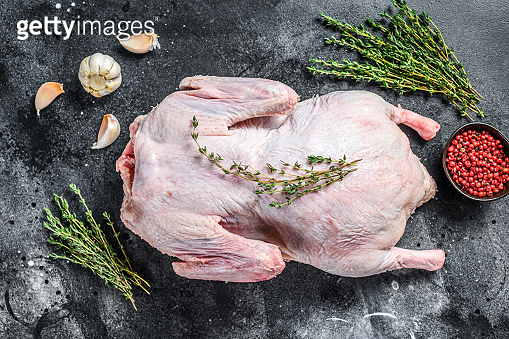Raw free range goose with spices ready to cook. dark background. Top ...