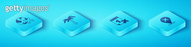 Set Isometric Globe with flying plane, Tropical palm tree, Plane and ...