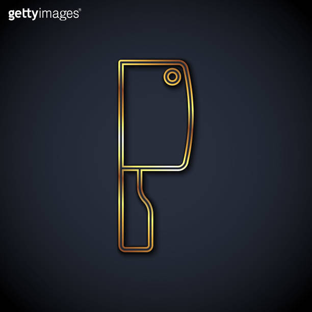 Gold line Meat chopper icon isolated on black background. Kitchen knife ...