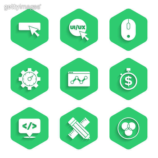 Set Website statistic, Crossed ruler and pencil, RGB CMYK color mixing, Time money, Front end ...