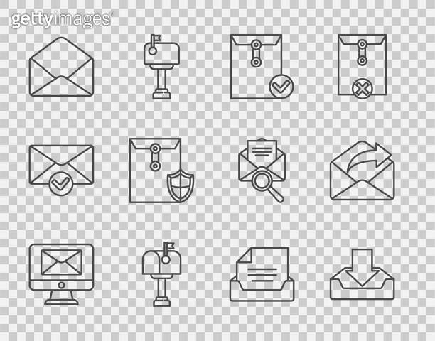 Set line Monitor and envelope, Download inbox, Envelope check mark, Mail, with shield, Drawer ...