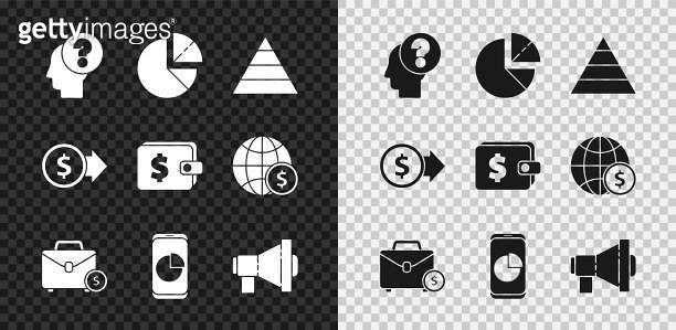 Set Human head with question mark, Pie chart infographic, Pyramid ...