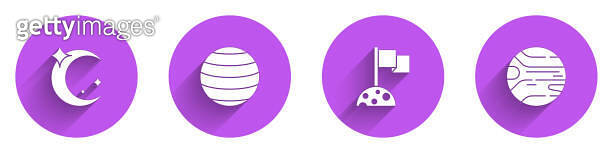 Set Moon and stars, Planet Venus, with flag and icon with long shadow ...
