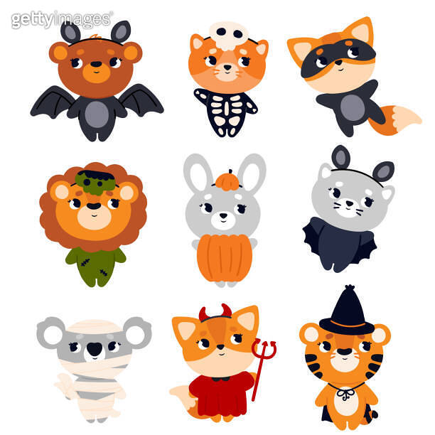 A set of animals in Halloween costumes. 이미지 (1337860175) - 게티이미지뱅크