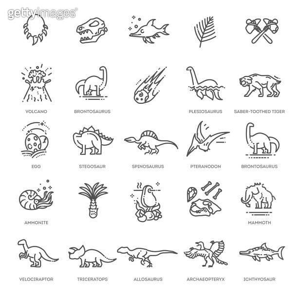 Set of modern vector plain line design icons and pictogram of dinosaurs ...