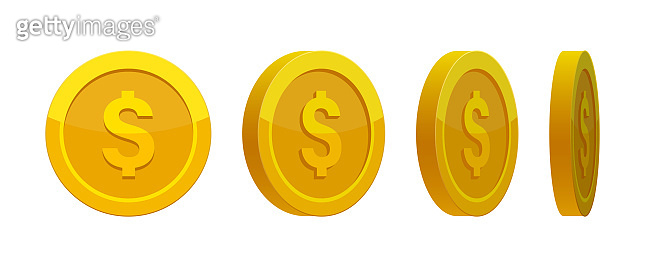 Spin gold coin on white background, set of rotation icons at different ...