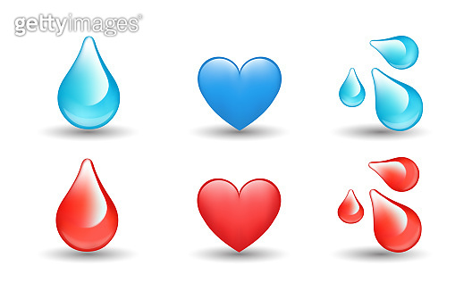 Blue water drop, Red blood drop, blue and red heart vector emoji ...