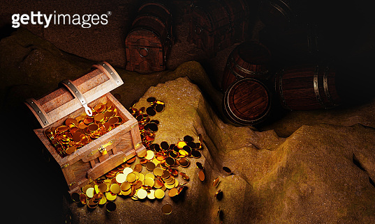 Golden Coins and vintage treasure chest made of wooden panels ...