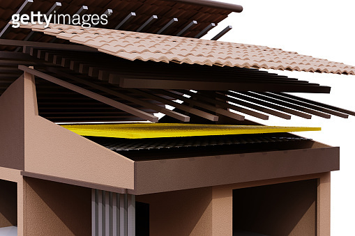 Exterior insulation in house roof. Installing thermal insulation layer ...