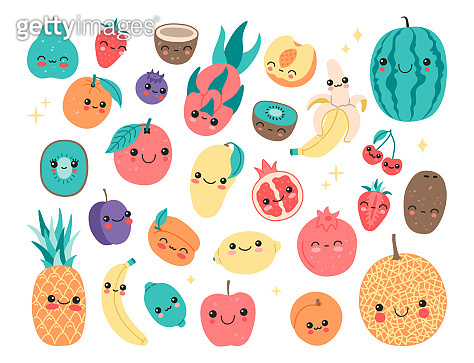 Cute baby fruits with smiling face cartoon stickers clip art for kids ...