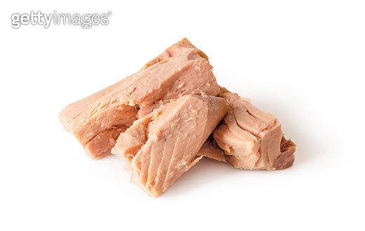 Canned tuna fillet pieces isolated on white background. Preserved ...