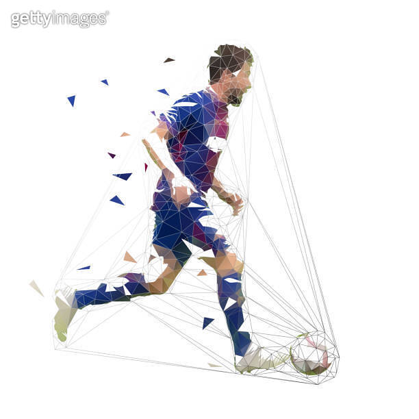 Football player in dark blue jersey running with ball, abstract low ...